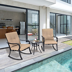 Incbruce 3 Piece Patio Bistro Set Outdoor Rocking Chairs Set, Porch Patio Conversation Chairs Set of 2 with Glass-Top Coffee Table (Brown Thickened Cushion)