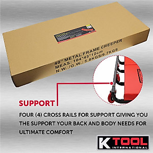 K Tool International 74961 40" Automotive Creeper with Adjustable Headrest for Garages, Repair Shops, and DIY, Fully Padded, (6) 2" Oil Resistant Rubber Castors, Heavy Duty Steel Frame, Red/Black