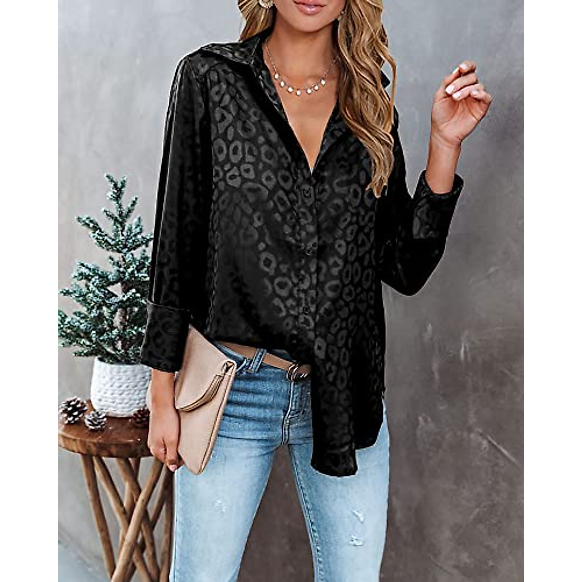 BTFBM Women's Satin Button Down Shirts Roll Up Long Sleeve Lapel V Neck Loose Casual Work Summer Fall Blouse Tops 2023(Leopard Black, Small)