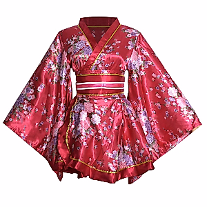 Women's Short Kimono Dress Floral Print Japanese Traditional Sexy Geisha Robe Bathrobe Skirt Belt Outfit