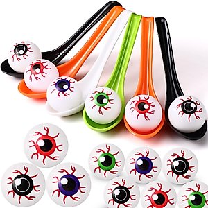 Liliful 24 Pcs Halloween Egg and Spoon Race Game Eyeball Spoon and Spoon Race Game Set for Halloween Party Favor Supplies Adults Indoor Outdoor Classroom Activities(Black, Purple, Red, Green)
