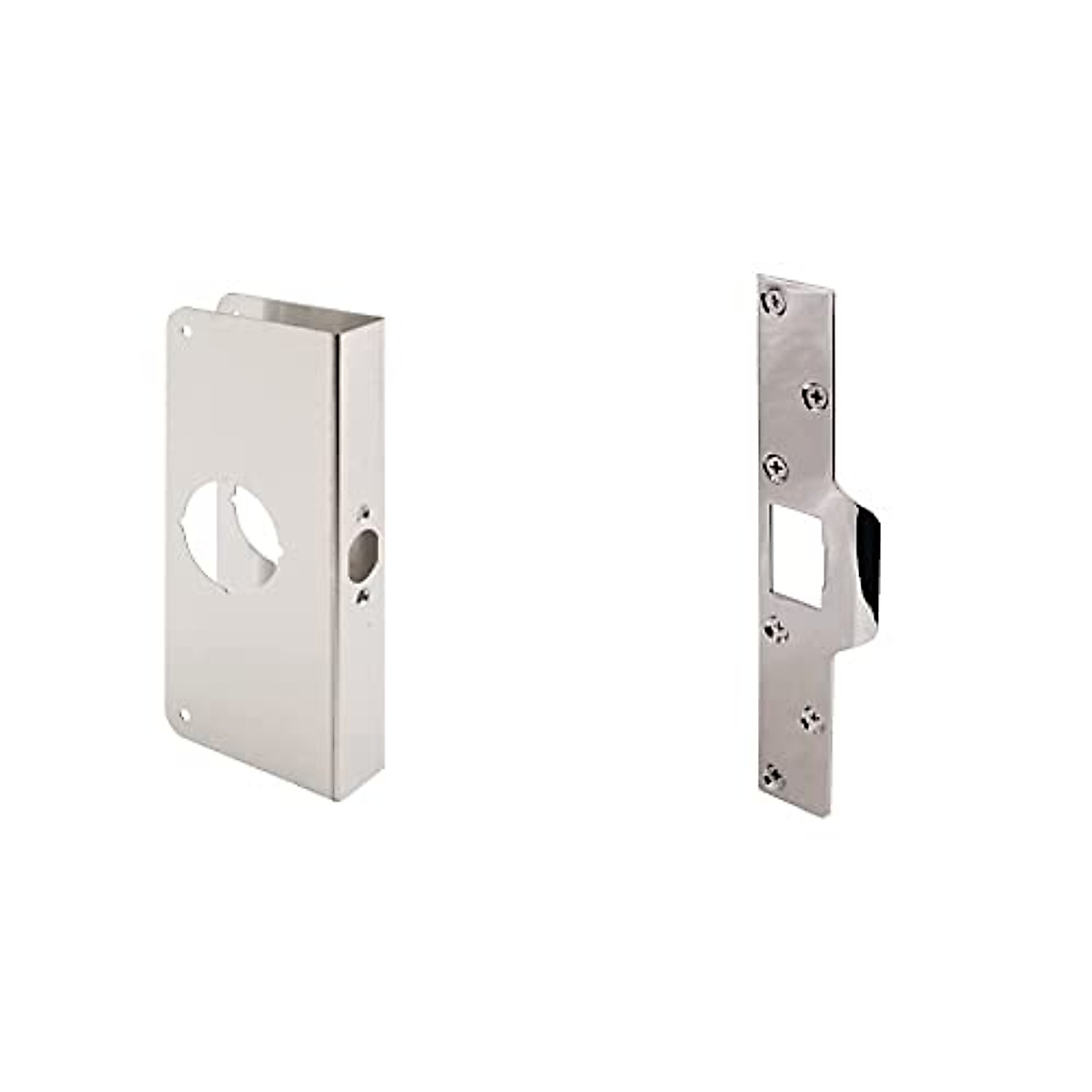 Defender Security U 9585 1-3/8 inch x 9 inch Thick Stainless Steel, 2-1/8 in Lock and Door Reinforcer, 1-3/8 & Prime-Line U 9476 Maximum Security Latch Strike, 1-1/4 inch x 7-7/8 inch, Steel