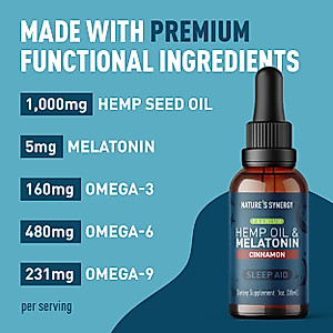Nature's Synergy Melatonin & Hemp Oil Liquid Sleep Support Drops with Omega 3 6 9 for Joint Support, Overall Health, Helps Promote Healthy Sleep Patterns, Natural Cinnamon Flavor, Non GMO, 1 Oz Bottle