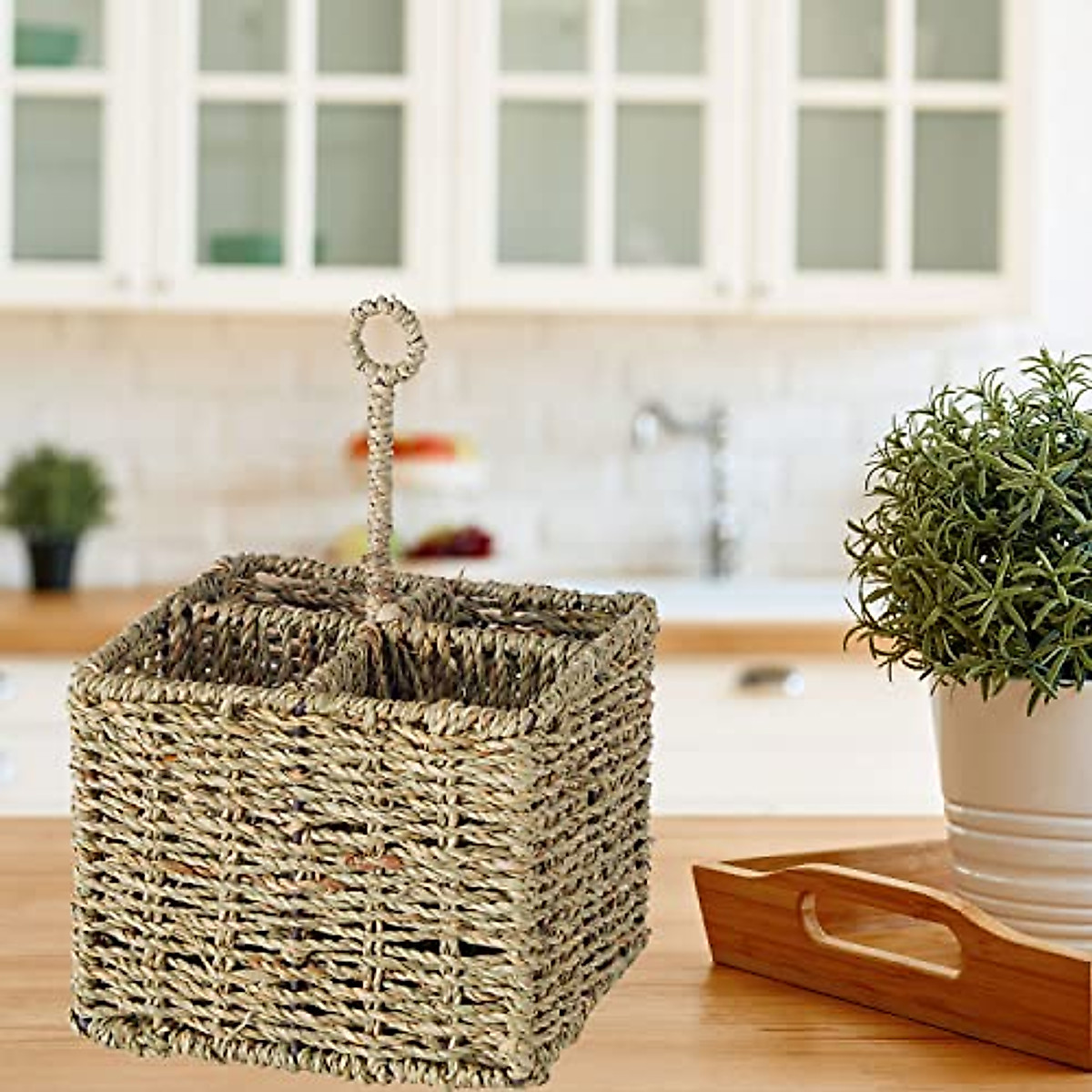 4 Compartment Basket Caddy, Bottle and Condiment Holder, Woven Wicker Over Metal Frame, Seagrass, 10.5 Inches