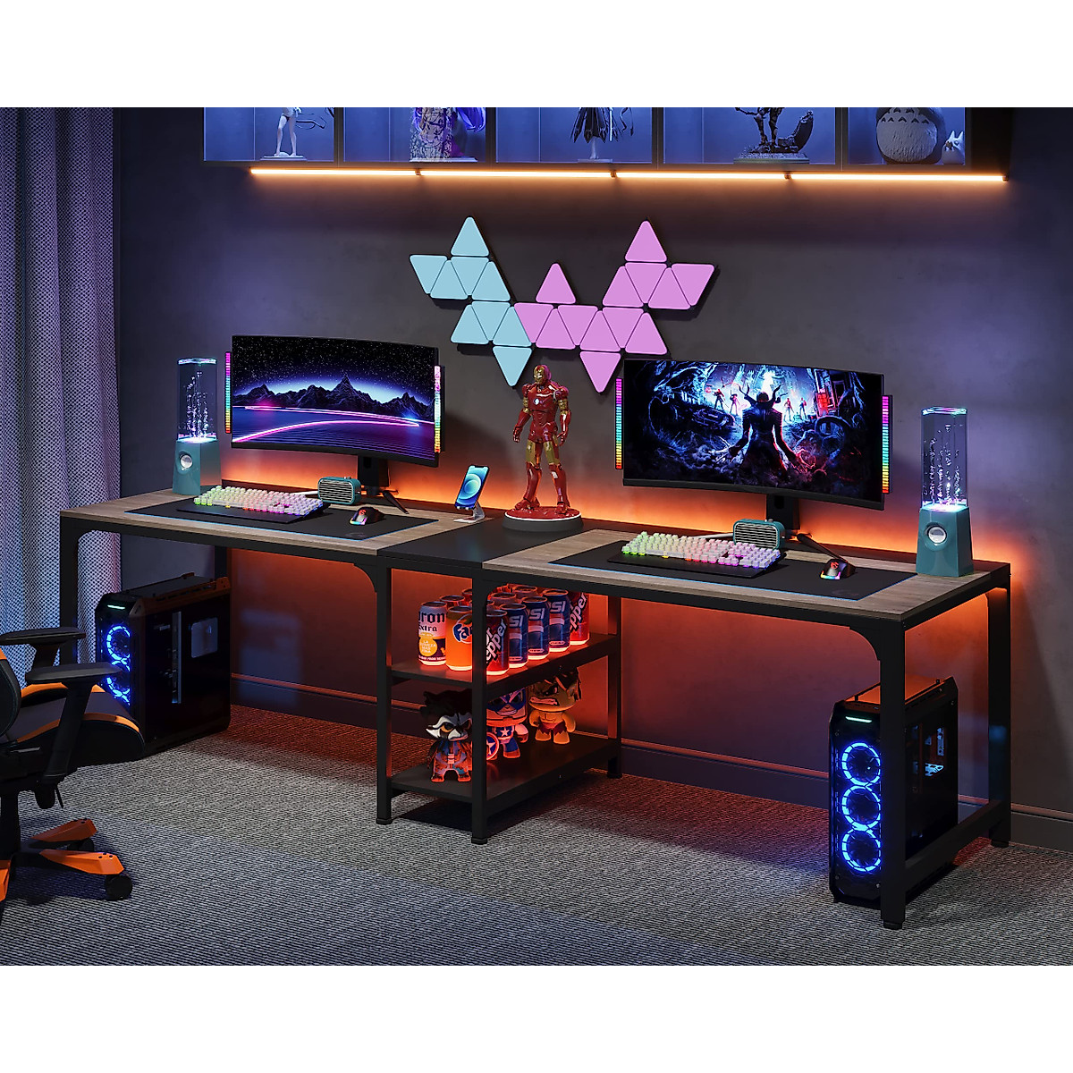 Tribesigns 90.55'' 2 Person Desk with Storage Shelves, Double Computer Desk with Spacious Desktop, Extra Long Study Writing Table Workstation for Home Office (Black & Gray)