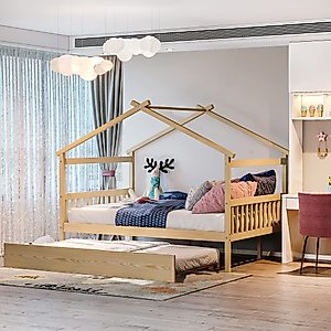 Quarte Full Size Wooden House Bed with Twin Size Trundle,Wooden Daybed Tent Bed for Kids Boys Girls Bedroom,Can be Decorated (Natural/House6)