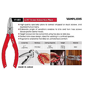 VAMPLIERS 6.25" Screw Extraction Multipurpose Pliers with Unique Non-Slip Jaws. Patented Stripped Screw Remover Tool. Effeciently extracts any damaged or rusted screws/fasteners. Made in Japan: VT-001
