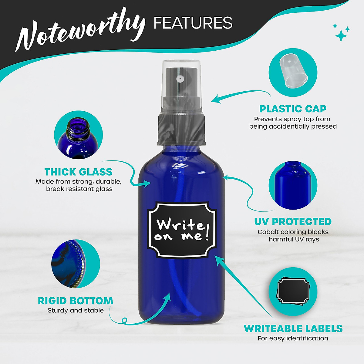 Nevlers 24PK 4 Oz Blue Glass Spray Bottles | Small Glass Spray Bottle Set w/Shrink Wrap, Labels & More| Small Spray Bottle For Use as Travel Size Spray Bottle, Mister Bottle & Spray Bottles for Hair