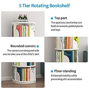 Nisorpa 5 Tier Rotating Bookshelf, 360° Revolving Bookcase Rotating Stackable Shelves Floor-Standing Storage Display Rack Used in Bedrooms Living Rooms Study Office (63"x18"x18")