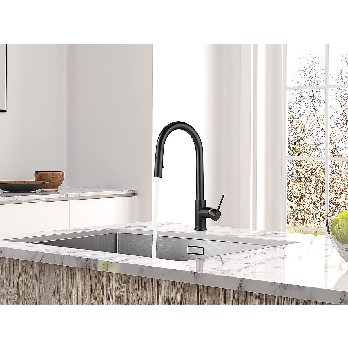 AguaStella AS60MB Matte Black Pull Down Kitchen Faucet and ASD52MB Matte Black Deck Plate Combination