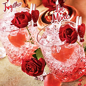 Whaline Valentine's Day Paper Straws 60Pcs Metallic Red Drinking Straws with 60Pcs Foil Red Letter Slices White Stripe Disposable Straws for Beverages Cocktail Wedding Birthday Party Supplies