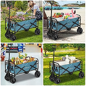 Sekey Heavy Duty Foldable Wagon with 220lbs Weight Capacity, Collapsible Folding Utility Garden Cart with Big All-Terrain Beach Wheels & Drink Holders.Light Blue