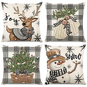 Mencly Christmas Pillow Covers 18 x 18 Inch Set of 4, Grey Buffalo Plaid Christmas Throw Pillow Covers Xmas Decorations Deer Tree Snowman Holiday Decorative Couch Cushion Cases Home Party Sofa Decor