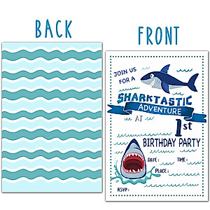 ukebobo 1st Birthday Party Invitations with Envelopes – Shark Birthday Party Invitations, Shark Party Decorations– 20 Cards With Envelopes（sy-01）