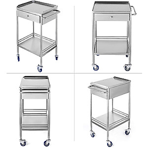 Lab Serving Cart, 2-Layer Utility Cart Stainless Steel with Wheels Rolling Cart, Commercial Wheel Dental Lab Cart Utility Services with Single Drawer and Silent Omnidirectional Lockable Wheel