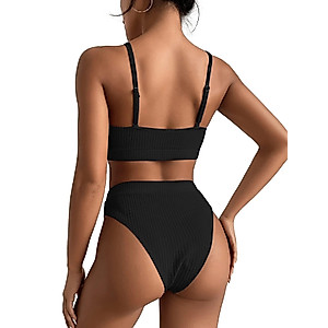 Lilosy High Waisted Tummy Control Bikini Ribbed Sporty Brazilian Swimsuit Set Women Highwaisted Cheeky Cut Leg Rise Bottom Crop Push Up Top 2 Piece Bathing Suit Black Medium