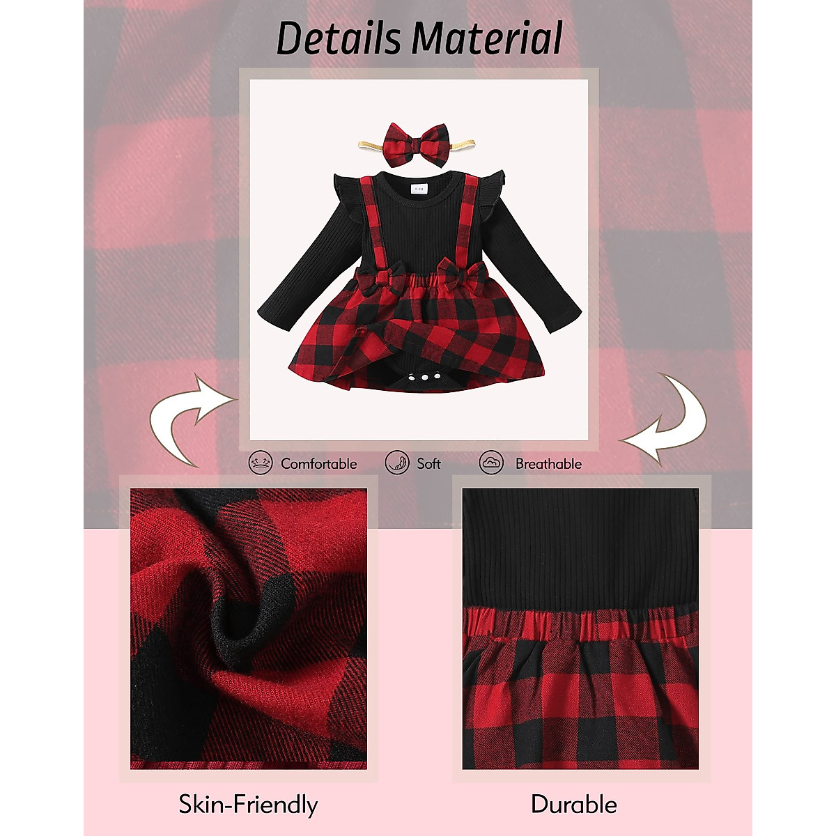 HIGHUZZA 3-6 Month Baby Girl Clothes Newborn Dress Infant Romper Fall Outfits Winter Jumpsuit Girl's Clothing Overall Plaid Stripes Girl Skirt Set with Headband Black