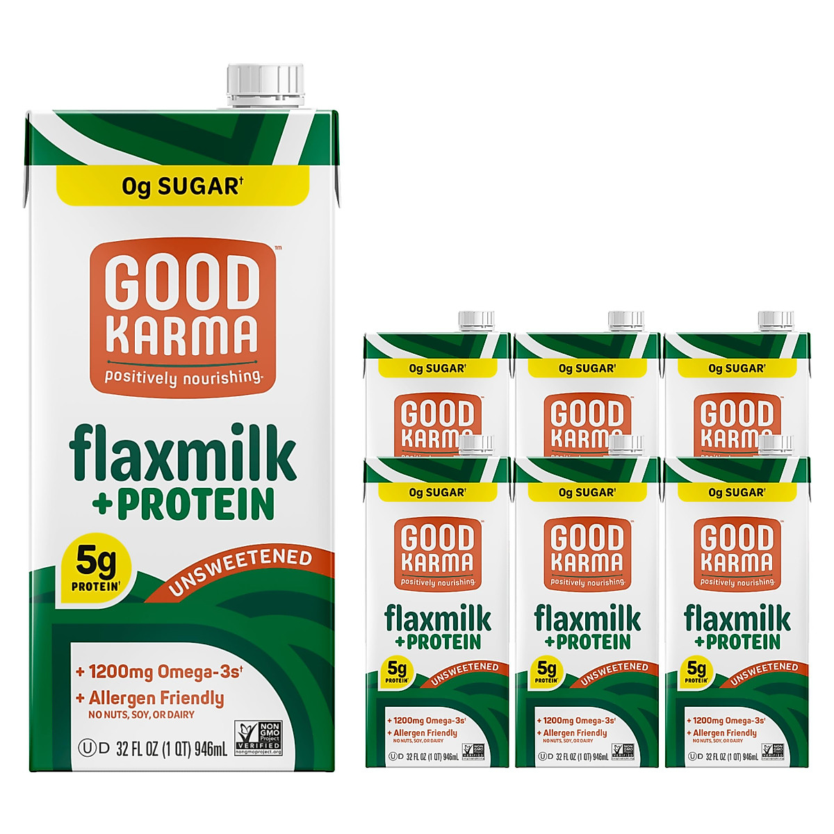Good Karma Unsweetened Flaxmilk +Protein, 32 Ounce (Pack of 6), 5g Plant Protein + 1200mg Omega-3 Per Serving, Plant-Based Non-Dairy Milk Alternative, Lactose Free, Nut Free, Vegan, Shelf Stable