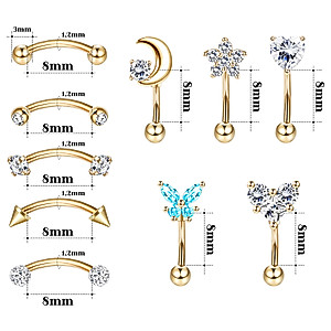 Drperfect 10Pcs 16G Rook Daith Earrings for Women Stainless Steel Belly Lip Ring Cartilage Tragus CZ Body Piercing Curved Barbell Eyebrow Rings 6-8mm