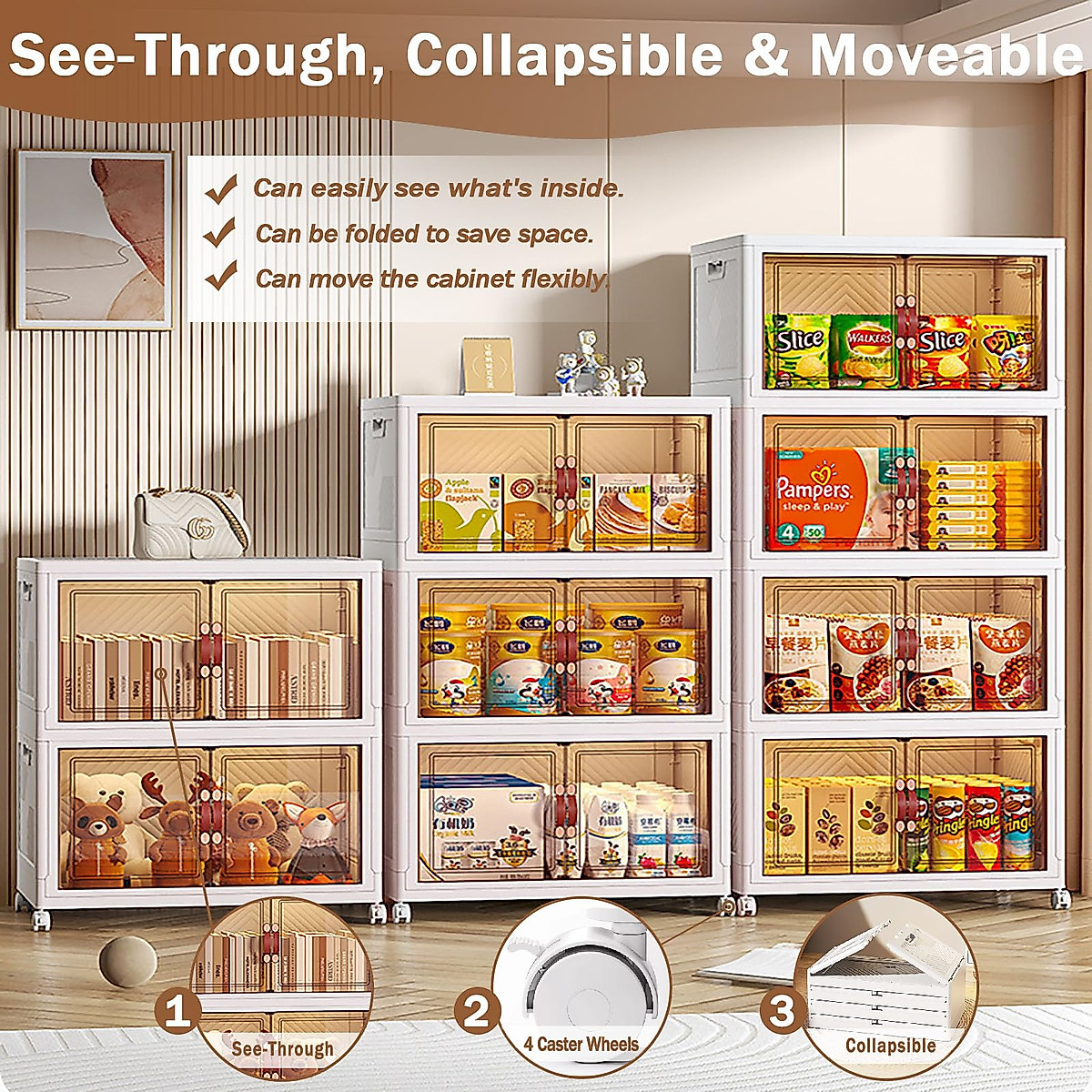 Jacriah Plastic Storage Bins, 4-Layer Foldable Storage Boxes with Doors for Closet Organizer, 16 Gallon Collapsible Storage Bin with Lid and Wheels, Stackable Storage Drawer, Storage Cabinet Container