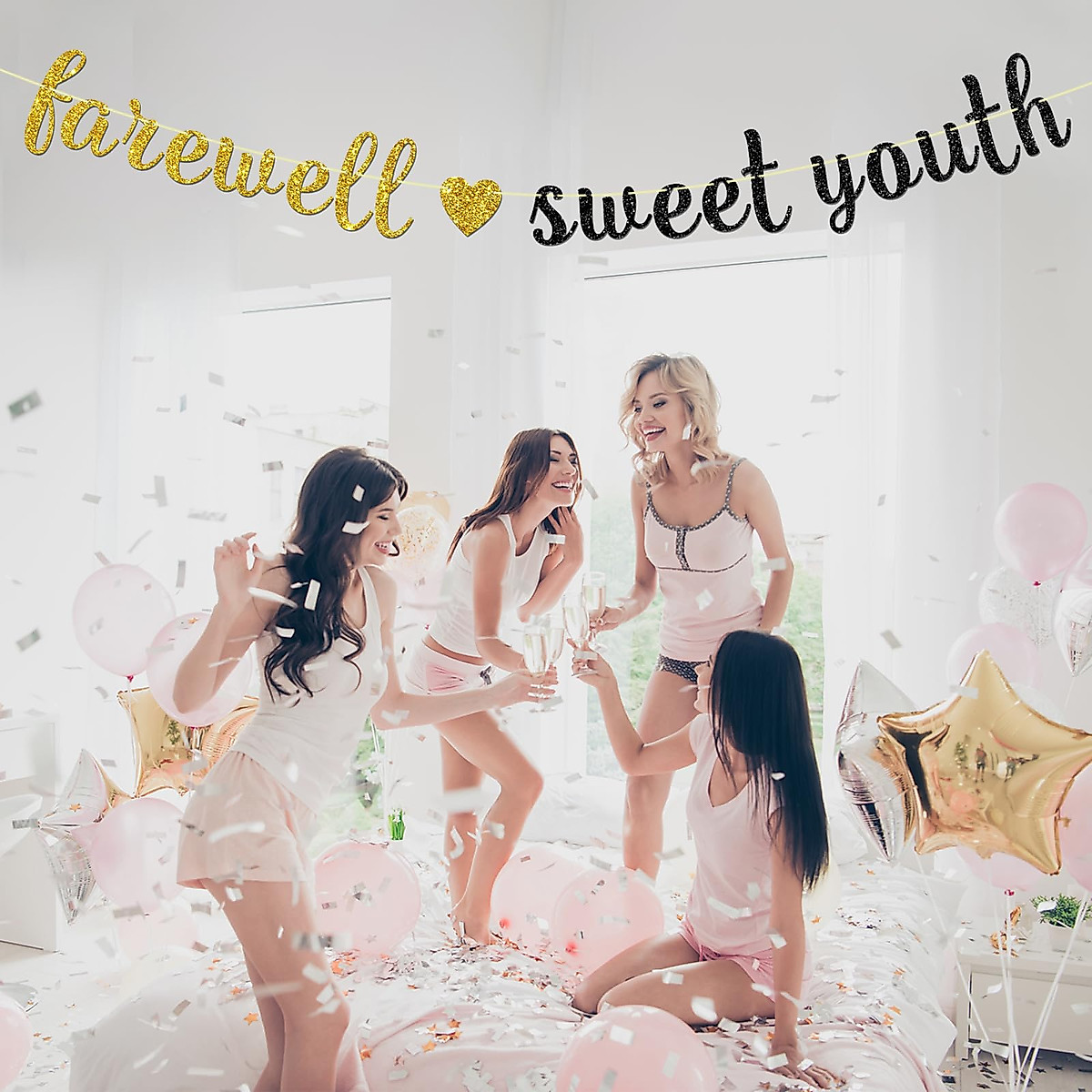 Maicaiffe Farewell Sweet Youth Banner - Old English Birthday Party Decor - 30th 40th 50th 60th Birthday Party Decorations, Gold Black Glitter