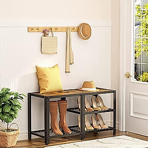 Hoctieon 3-Tier Shoe Bench, Shoe Rack for Entryway, Metal Mesh Shoe Organizer with Bench, Small Shoe Storage Rack for Boots, Multifunctional Shoe Organizer for Closet, Rustic Brown & Black
