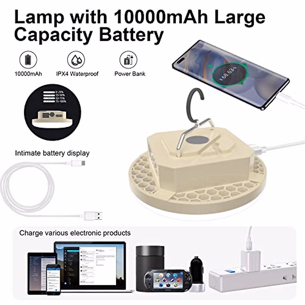 10000mAh Rechargeable 3000LM Tent Light Camping Light, 6500K 24Hours Long Play Time , Outdoor Night Market Light Night Fishing Light Emergency Lights for Hurricane Tsunami disasters (30W（Beige）)