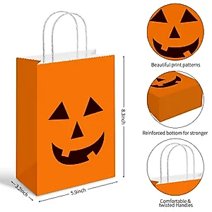 Bsitao 16 PCS Halloween Pumpkin Gift Candy Bags Halloween Paper Bags with Handle Trick or Treat Bags Party Favor for Halloween Party Decorations