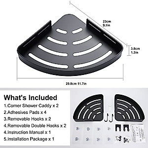 DUFU Adhesive Corner Shower Caddy with Hooks,Bathroom Shower Organizer, No Drilling Rust Proof Aluminum Shower Shelf for Inside Shower 2 Pack (Black)