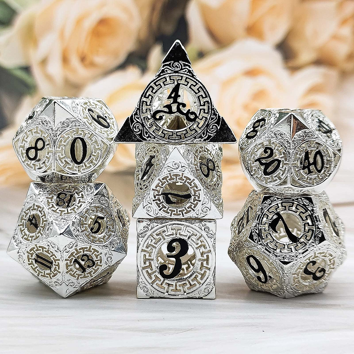 Metal Dice Set 7pcs DND - Table Game RPG Hollow Dice Silver and Black, with Metal Gift Box, Suitable for Dungeon and Dragon D&D MTG, Math Teaching, Polyhedron D4 D6 D8 D10 D10％ D20