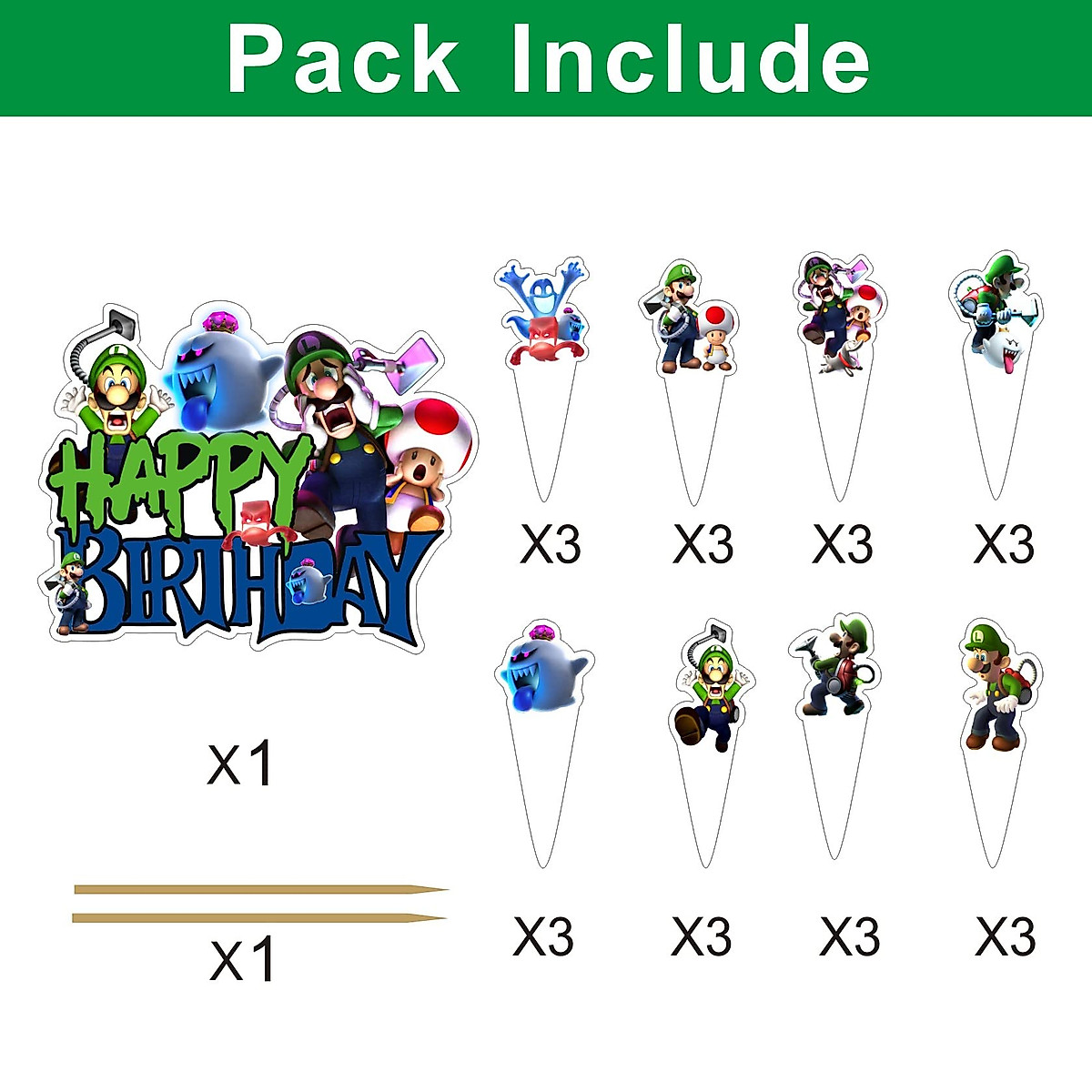 25pcs Luigi Mansion Cake Decorations with 1pcs Cake Topper, 24pcs Cupcake Toppers for Luigi Mansion Birthday Party Supplies