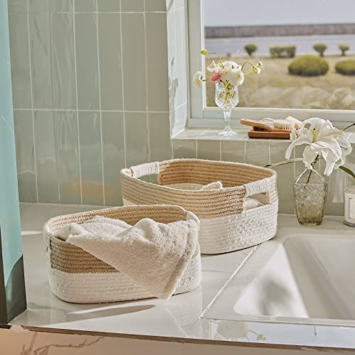 LA JOLIE MUSE Rectangle Storage Baskets Set of 2, Natural Soft Cotton and Jute Rope Baskets for Baby Nursery Kids Toys, Decorative Baskets for Organizing