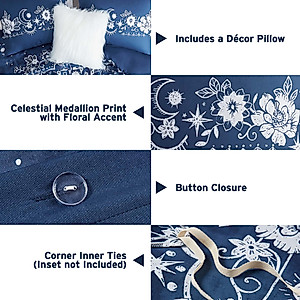 Intelligent Design Queen Duvet Cover Set Cosmic, Moon and Sun Celestial Print Duvet Cover Queen Size, Lightweight All Season Bedding Cover Queen, Sham, Décor Pillow, Stella, Full/Queen, Navy 5 Piece