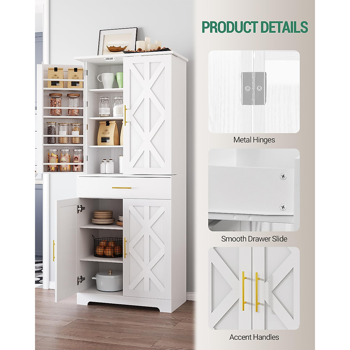 Hzuaneri 72" Kitchen Pantry Storage Cabinet, Tall Pantry Cabinet with Barn Doors & 7 Adjustable Shelves, Drawer, Freestanding Buffet Cupboards Sideboard for Kitchen, Dining Room, White PT02403X