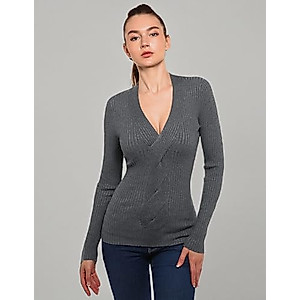 AmélieBoutik Women V Neck Twist Front Cable Knit Long Sleeve Ribbed Sweater (Dark Gray Small)