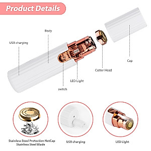 Facial Hair Removal for Women, Number-one 2 in 1 Eyebrow Epilator Electric Painless Facial Hair Remover, Rechargeable Waterproof Shaver with Built-in LED Light for Peach Fuzz Eyebrow Lip Hair (White)