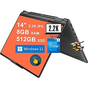 Lenovo Yoga 7i 14 2-in-1 Laptop 14" 2.2K IPS Touchscreen 13th Gen Intel 10-Core i5-1335U Beats i7-1255U 8GB RAM 512GB SSD Backlit Fingerprint Reader Thunderbolt Win11 Gray + HDMI Cable