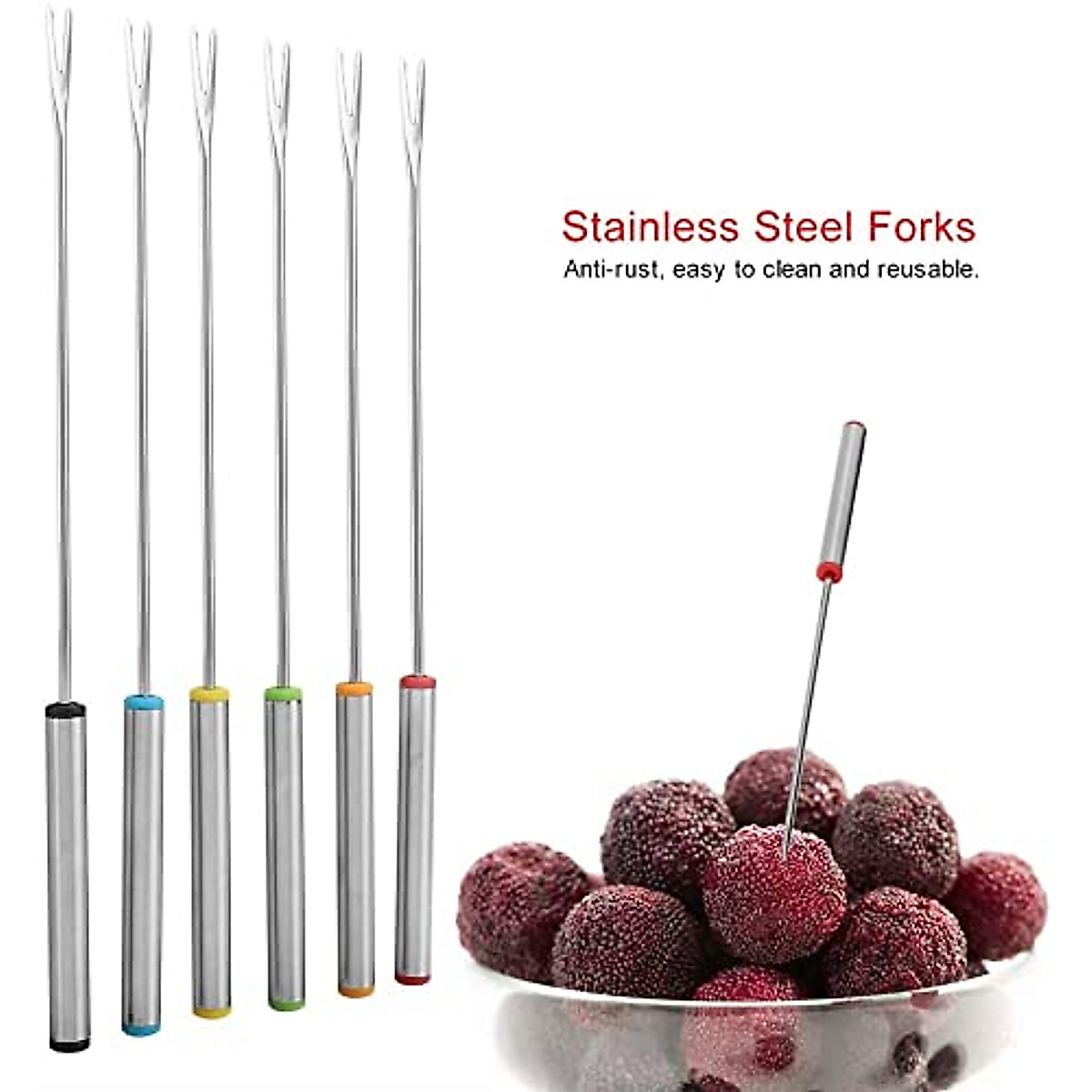6PCS 9.5 Inch Fondue Forks Stainless Steel, Colored Coding Cheese Fondue Fork Fruit Fondue Forks, Chocolate Fondue Forks Set of 6, for Hot Pot, Barbecue, Fruits, Vegetables, Cheese, Marshmallows