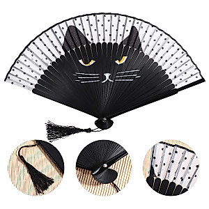 OULII Women Cartoon Cat Folding Silk Fan Handheld Fan (Black)