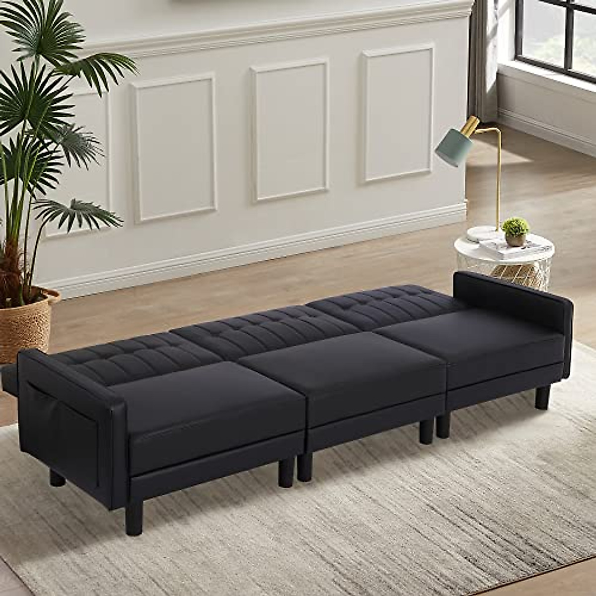 VUYUYU 107/'' Futon Sofa Couch Bed, Faux Leather 3-Seater Couches for Living Room, Mid-Century Modern Tufted Convertible Recliner Sleeper Small Space with Armrest/Side Pockets, Black-3 Seater