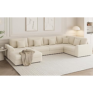 Modular Sectional Sofa, Oversized U Shaped Couch, Convertible Sleeper Sofa, 6 Seat Sofa with Chaise, Deep Seat Comfy Cloud Couch with Ottoman and Five Pillows for Living Room, Corduroy, Beige