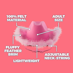 Pink Cowgirl Hat with Feather Boa - Cowboy Hat for Women, Teenage Girls with Fluffy Feather Brim for Bachelorette, Theme Costume Party, Role-Playing Dress-Up, Adult Size