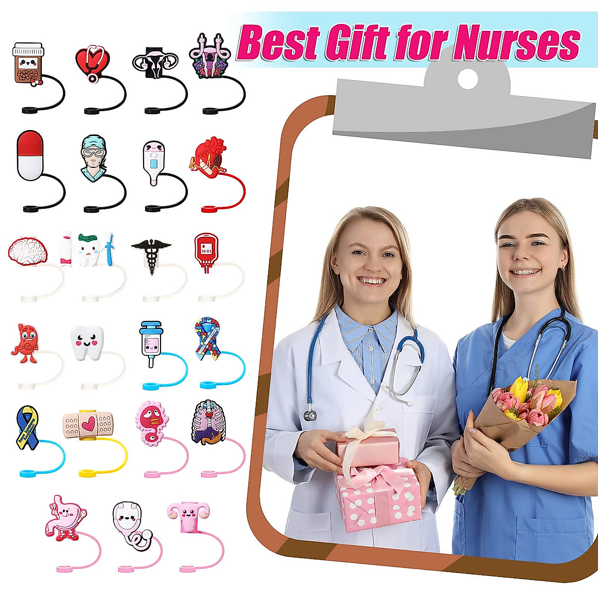 Straw Covers Silicone Kawaii Straw Cover Nurse Theme Straw Caps Reusable Drinking Dust Proof Straw Tip Covers for 6-8 mm (Stylish, 23 Pcs)