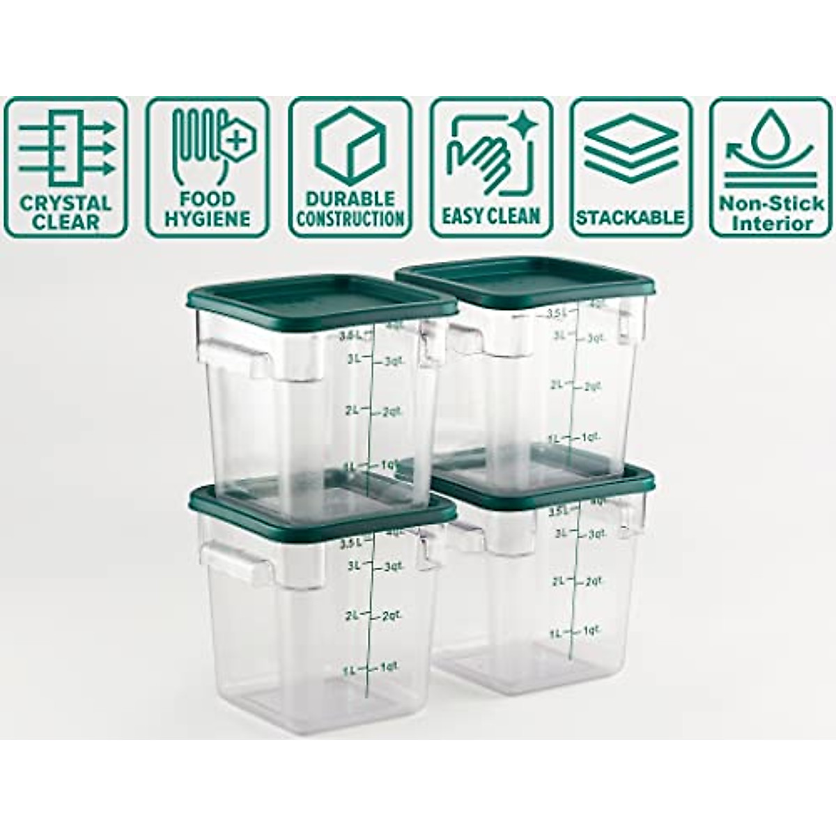 CURTA 4 Pack Food Storage Container with Green Lid - NSF Commercial Grade in 4.0 Qt - Square, Clear, Polycarbonate