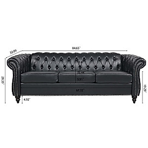 EMKK 84 inch Leather 3-Seater Sofa Couch,Rolled Arm Chesterfield Three Seater Sofá for Small Spaces, Bedroom, Living Room,Black