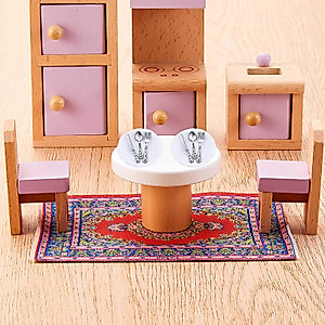 G0lden&Mang0 22Pcs Dollhouse Furniture Set, 112 Dollhouse Decoration 1Pc Wooden Dining Table and 4Pcs Chair, 1Pc Mini Carpet Turkey Rugs, 4Pcs Plates and 12Pcs Knives Forks Spoons for Kids Gift