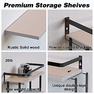 RICHER HOUSE 2+1 Tier Wall Mounted Floating Shelves Set of 2, Rustic Wood Wall Shelf with Metal Frame, Extra Storage Rack for Bathroom, Kitchen, Bedroom with Tissue Rack & Towel Bar - White