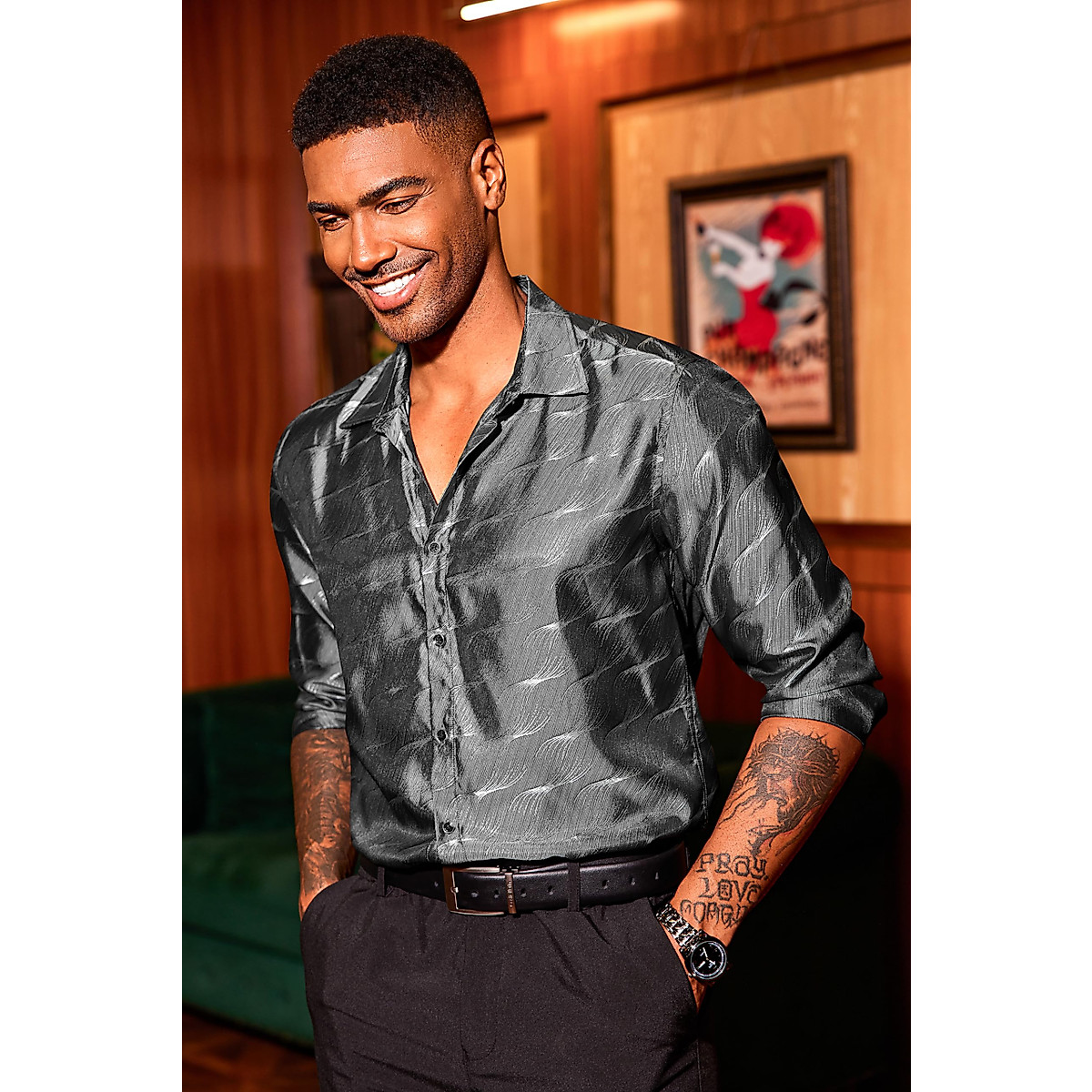 COOFANDY Men's Luxury Dress Shirt Long Sleeve Slim Fit Satin Like Shirt Wedding Party Button Down Shirts Grey