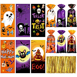 Hotop 120 Pcs Halloween Cellophane Bags Plastic Trick or Treat Candy Bags Goodie Cookie Treat Bags with 150 Pcs Gold Twist Ties for Halloween Theme Party Favor Supplies