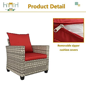 HTTH Patio Furniture Sets PE Rattan Wicker Outdoor Conversation Set Patio Sectional Sets Patio Sofa Couch Set with 2 Ottomans for Porch, Balcony, Lawn (Gray-Red)